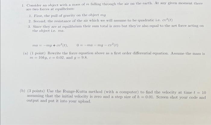 Solved 1. Consider an object with a mass of m falling | Chegg.com