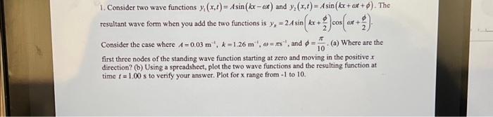 Solved 1. Consider two wave functions y, (x,t) = Asin(kx-wt) | Chegg.com