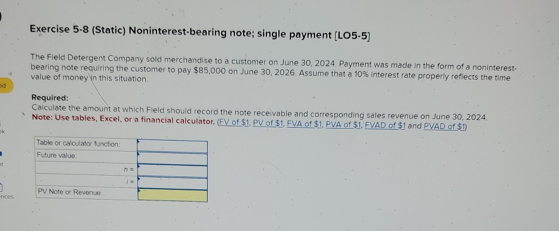 Solved Exercise 5-8 (Static) Noninterest-bearing note; | Chegg.com