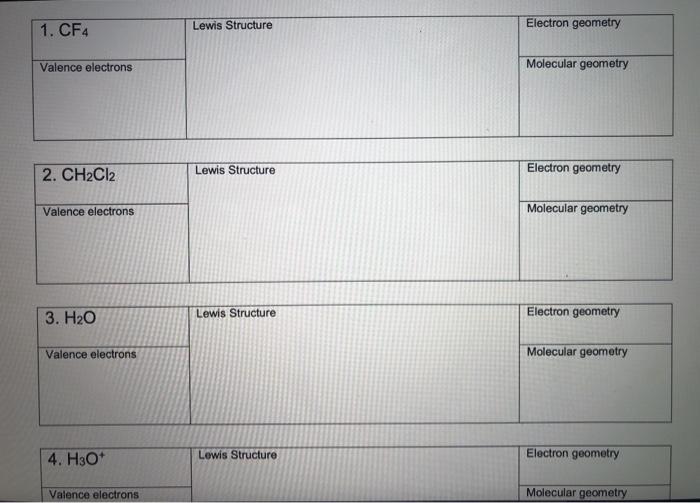 Solved 1. CF4 Lewis Structure Electron geometry Valence | Chegg.com
