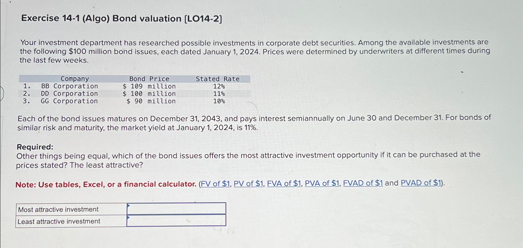 Solved Exercise 14-1 (Algo) ﻿Bond valuation [LO14-2]Your | Chegg.com