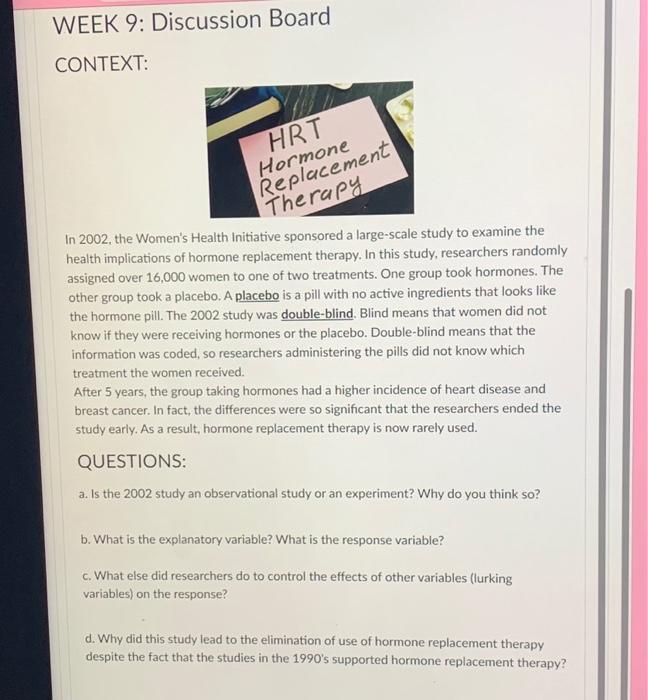 Solved WEEK 9: Discussion Board CONTEXT: HRT Hormone | Chegg.com