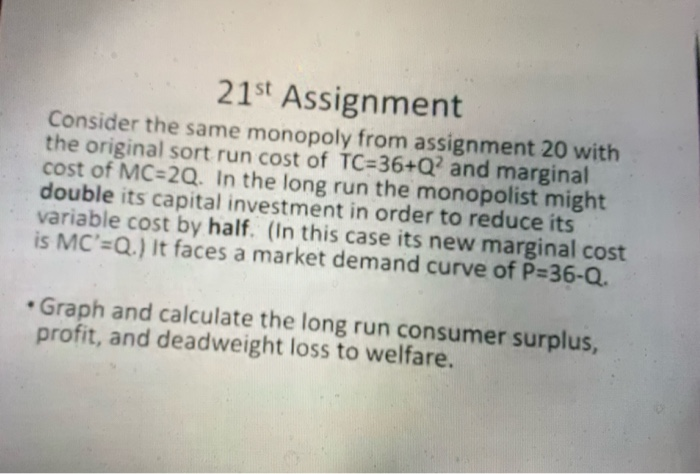 Solved 21st Assignment Consider the same monopoly from | Chegg.com