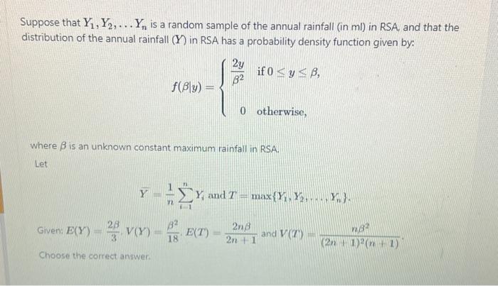 Solved Suppose that Y1,Y2,…Yn is a random sample of the | Chegg.com