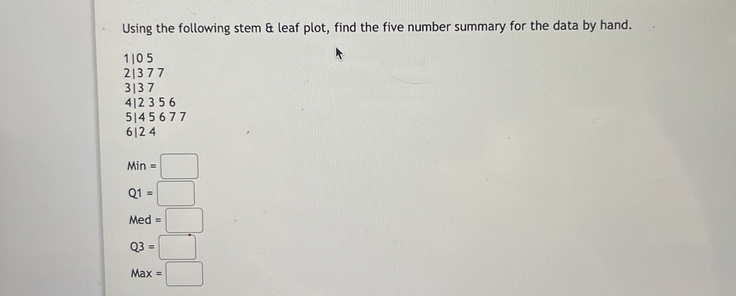 Solved Using the following stem & leaf plot, find the five | Chegg.com
