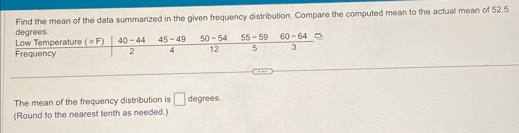 Solved Find the mean of the data summarized in the given | Chegg.com