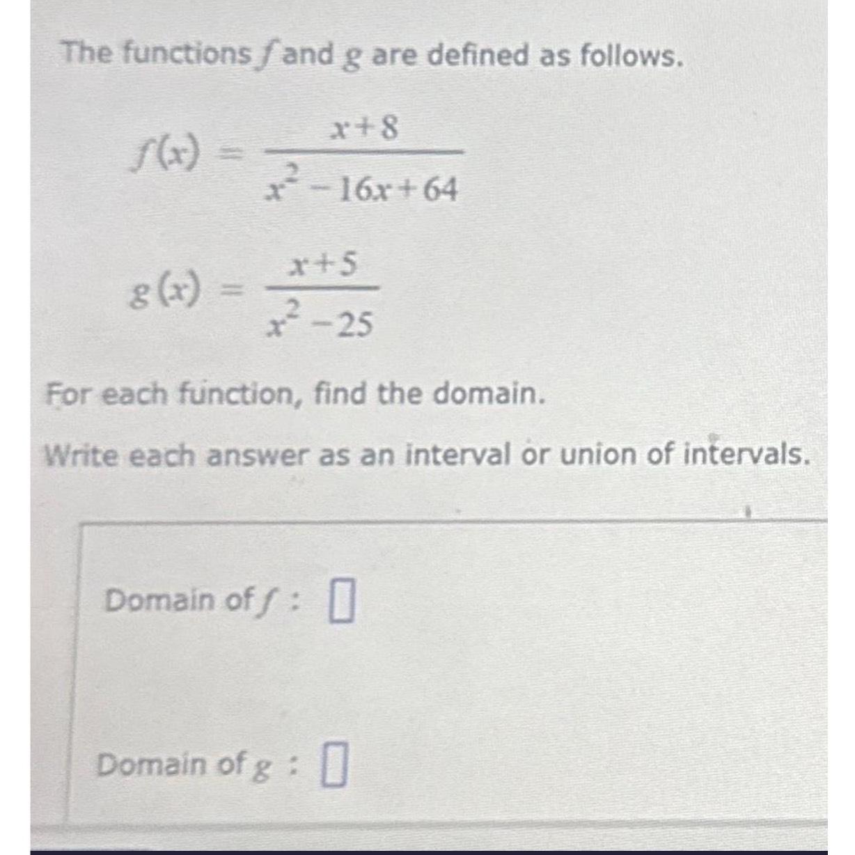 Solved The functions f ﻿and g ﻿are defined as | Chegg.com