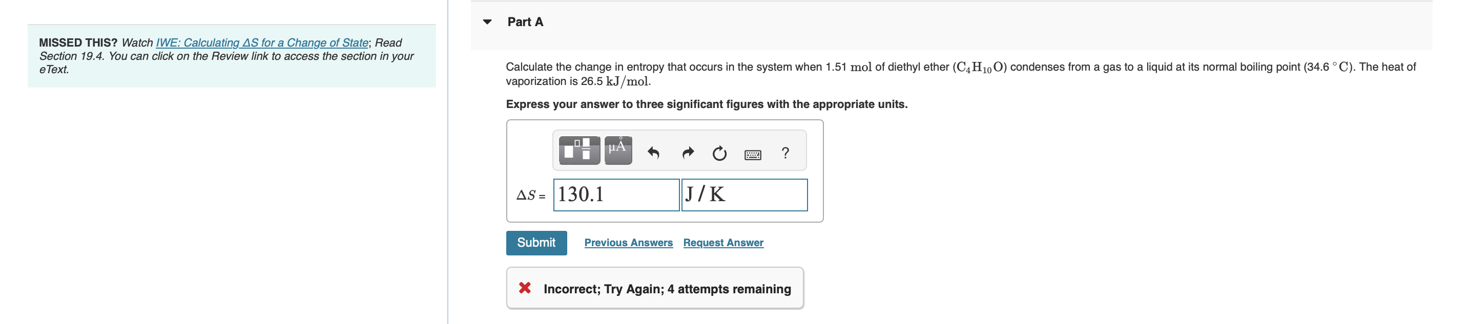 Solved MISSED THIS? Watch IWE: Calculating ???? ﻿S for a | Chegg.com