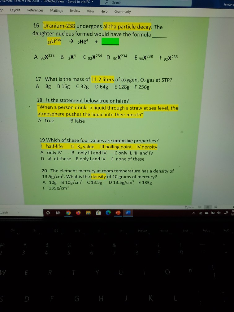 Solved 92 Remote Lecture Final 2020 Protected View Saved