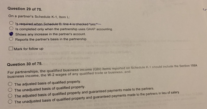 Solved Question 29 of 75. On a partner's Schedule K-1, Item | Chegg.com