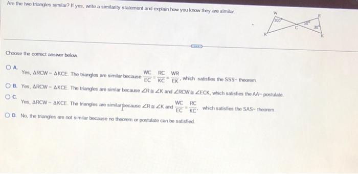 Solved Are the two triangles similar? If yes, write a | Chegg.com