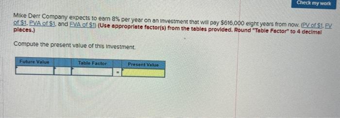 Solved Mike Derr Company expects to earn 8% per year on an | Chegg.com