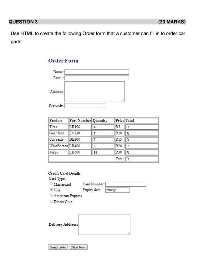 Solved Use HTML to create the following Order form that a | Chegg.com