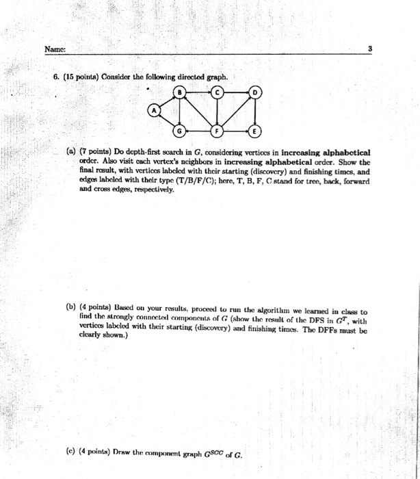 Solved Name: 6. (15 points) Consider the following directed | Chegg.com