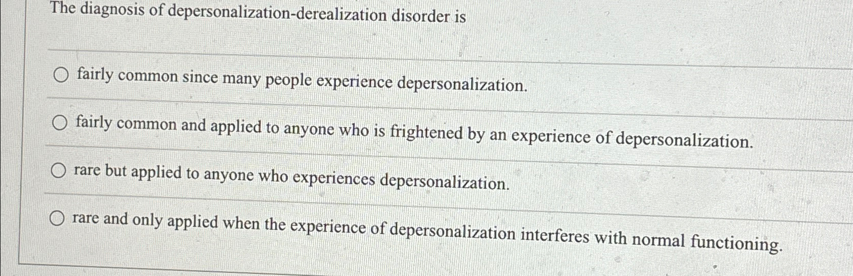 Solved The diagnosis of depersonalization-derealization | Chegg.com