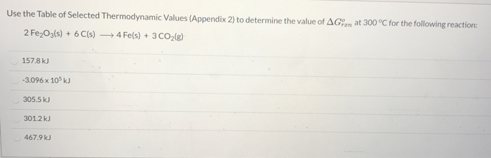 Solved Use the Table of Selected Thermodynamic Values | Chegg.com