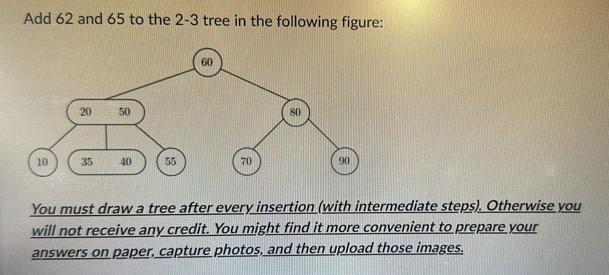 Solved Add 62 ﻿and 65 ﻿to the 2-3 ﻿tree in the following | Chegg.com