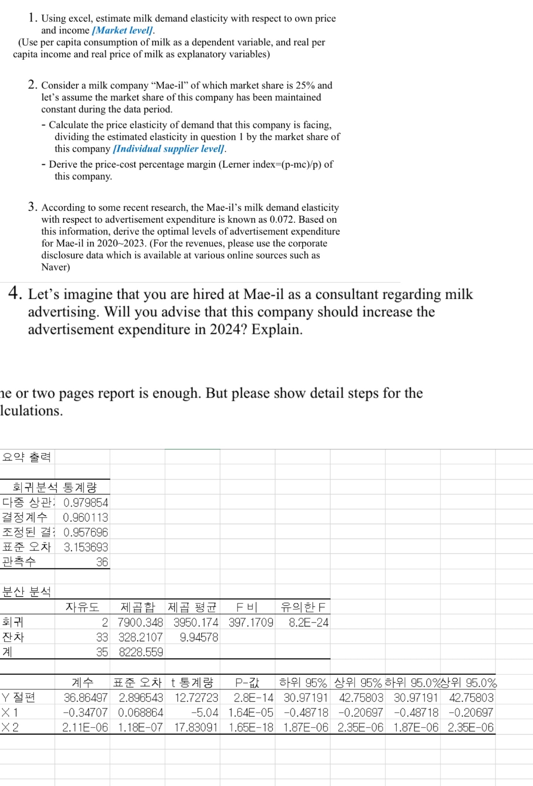 Using excel, estimate milk demand elasticity with | Chegg.com