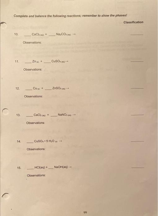 Solved classify the reaction balance the equation and write | Chegg.com