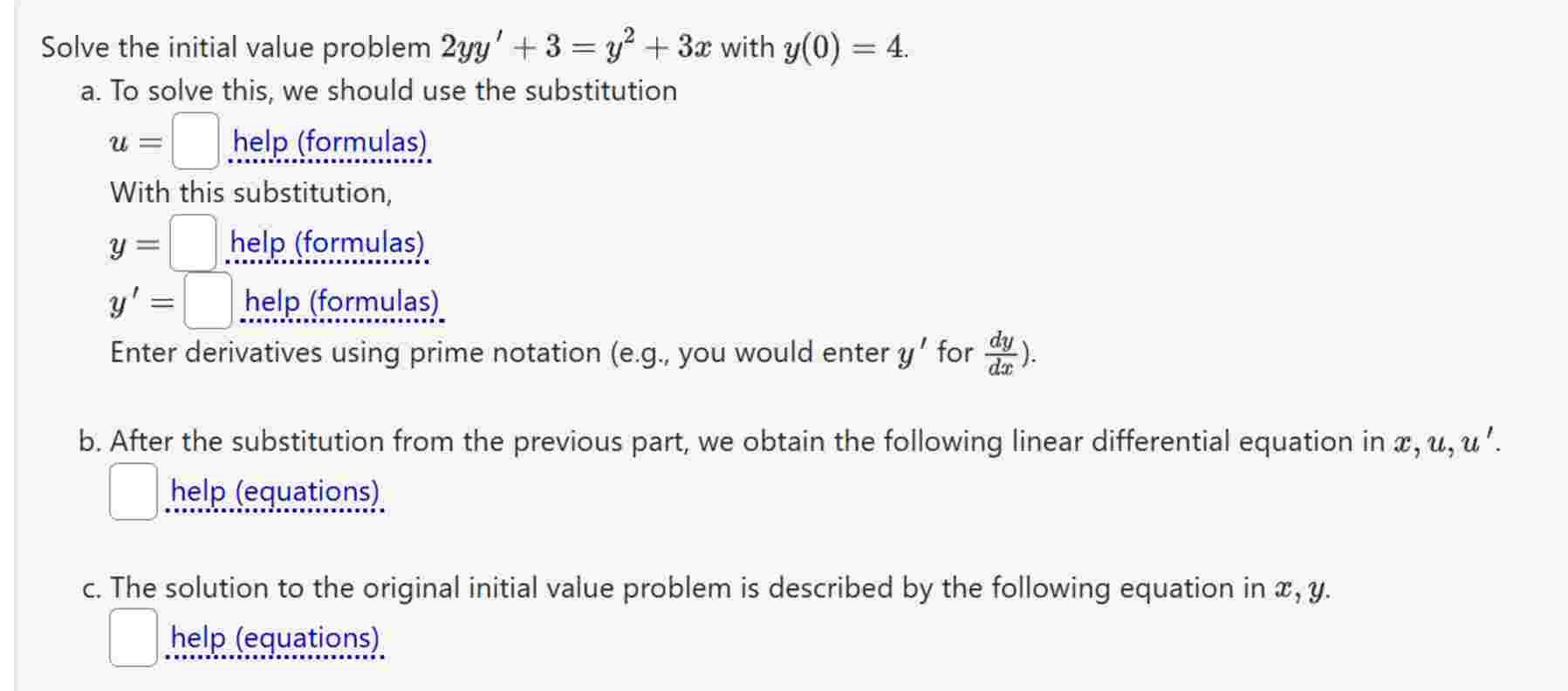 Solved Solve the initial value problem 2yy^(')+3=y^(2)+3x | Chegg.com