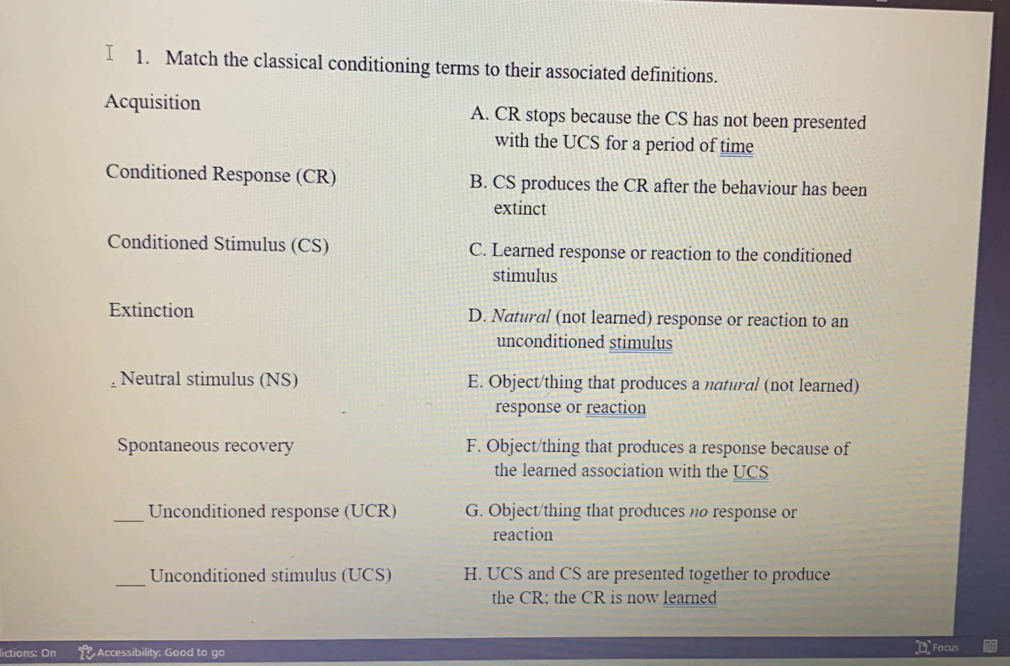 Solved I 1. ﻿Match the classical conditioning terms to their | Chegg.com