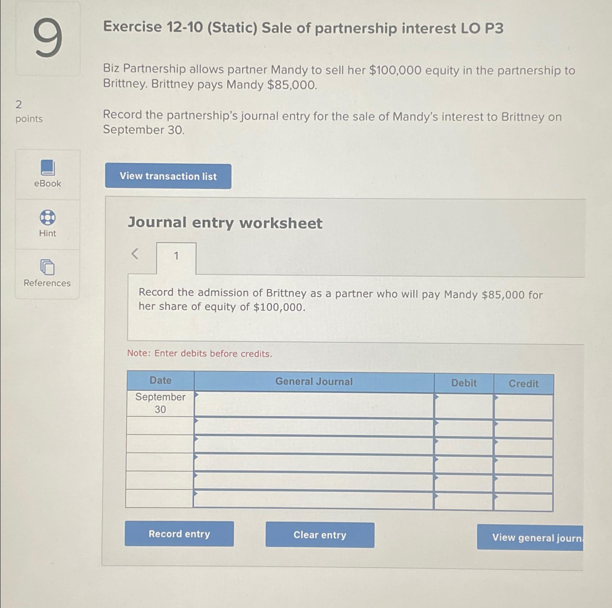 Solved Exercise 12-10 (Static) ﻿Sale of partnership interest | Chegg.com