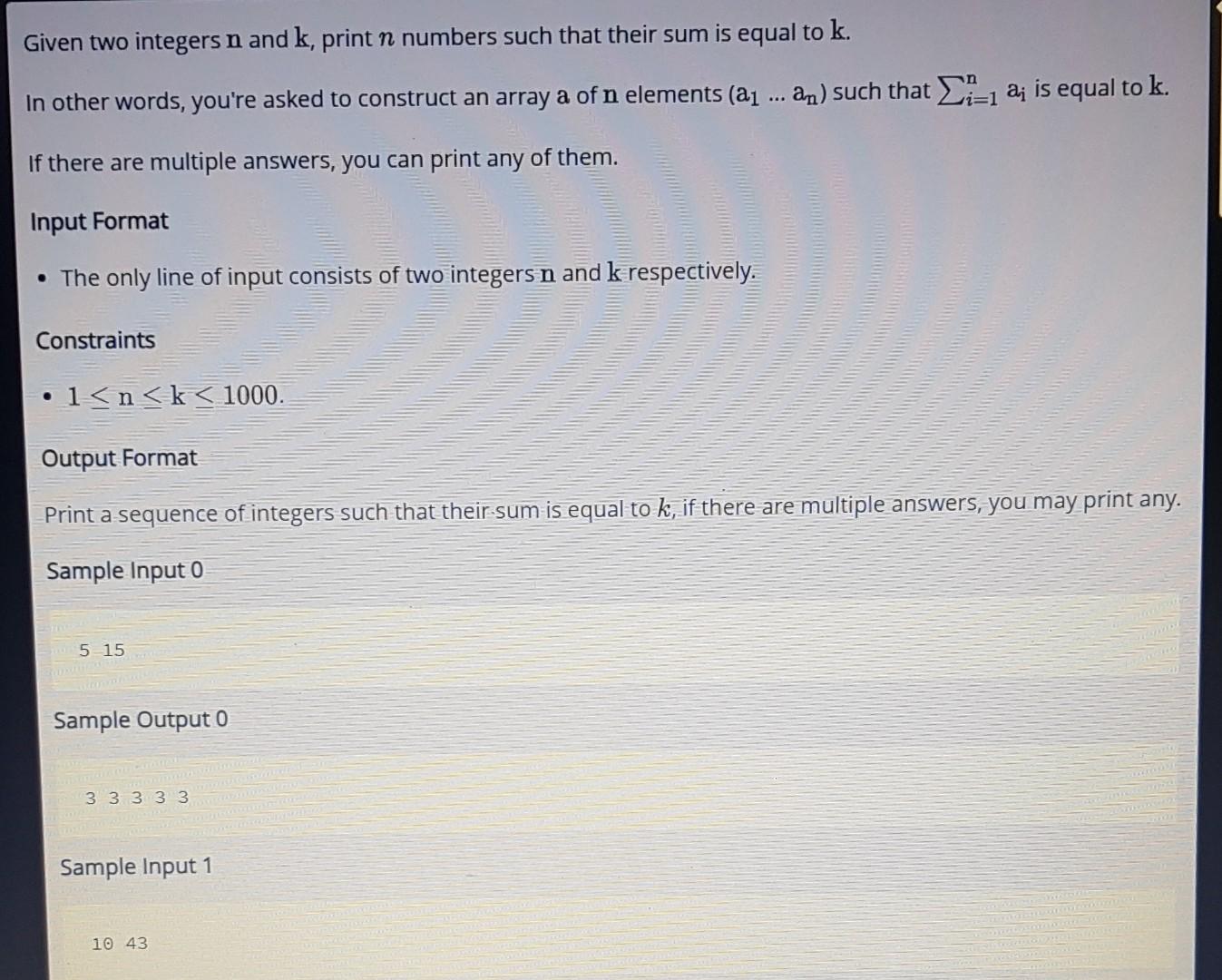 Solved Given two integers n and k, print n numbers such that | Chegg.com