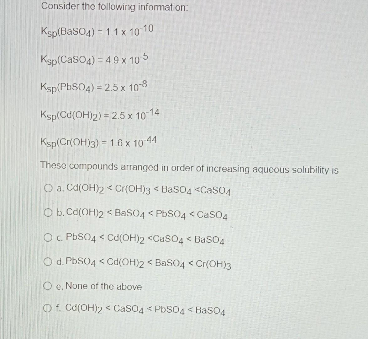 Solved Consider the following information: Ksp(BaSO4) = 1.1 | Chegg.com