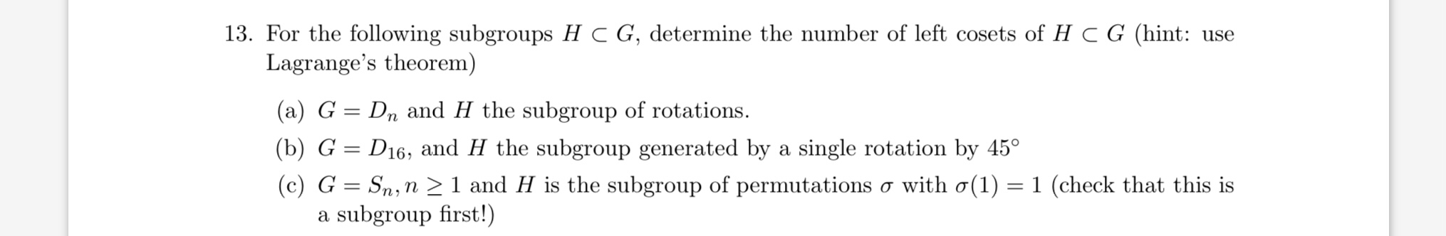 Solved For the following subgroups HsubG, determine the | Chegg.com