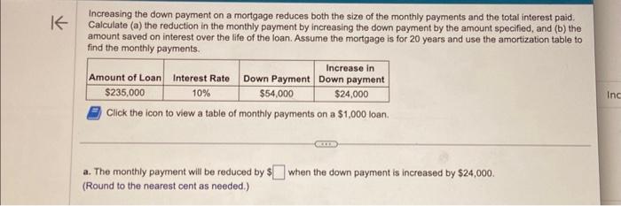 Increasing the down payment on a mortgage reduces | Chegg.com