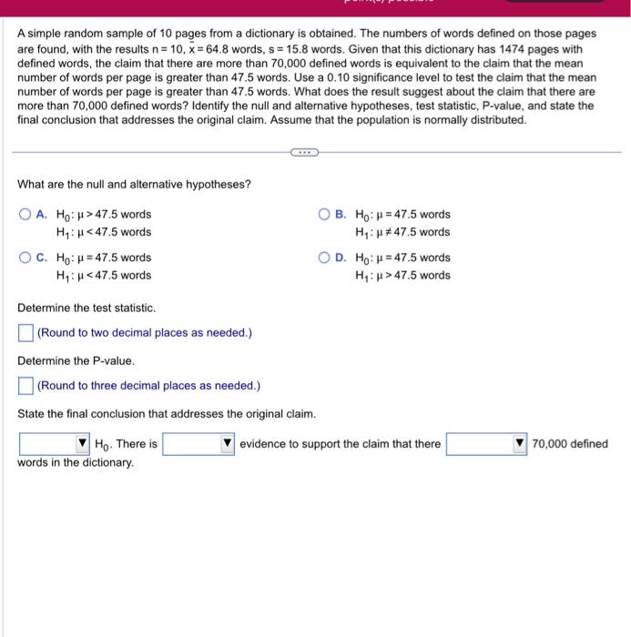 Solved A simple random sample of 10 pages from a dictionary | Chegg.com