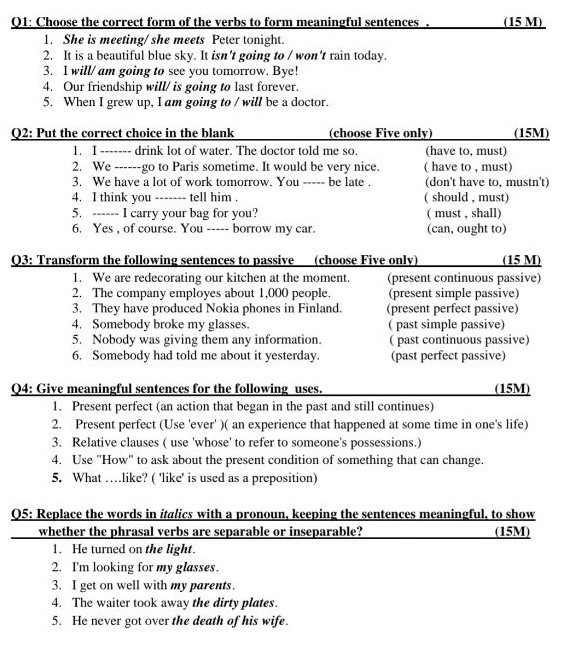 Solved Q1: Choose the correct form of the verbs to form | Chegg.com