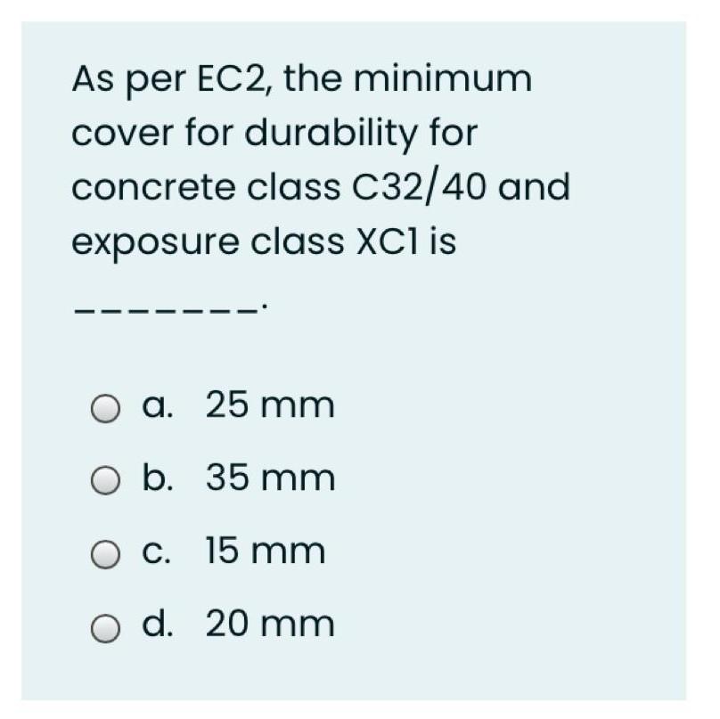 Solved As per EC2, the minimum cover for durability for | Chegg.com