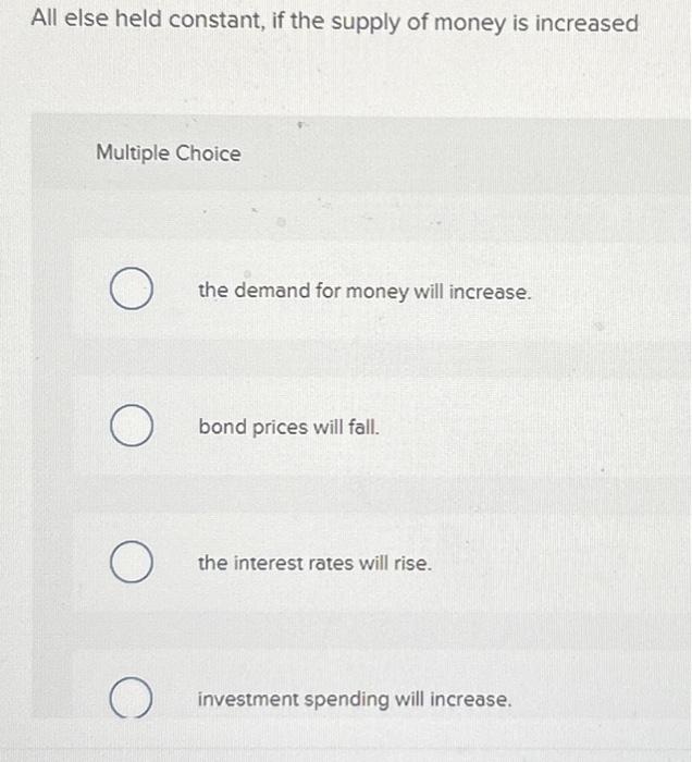 Solved All else held constant, if the supply of money is | Chegg.com