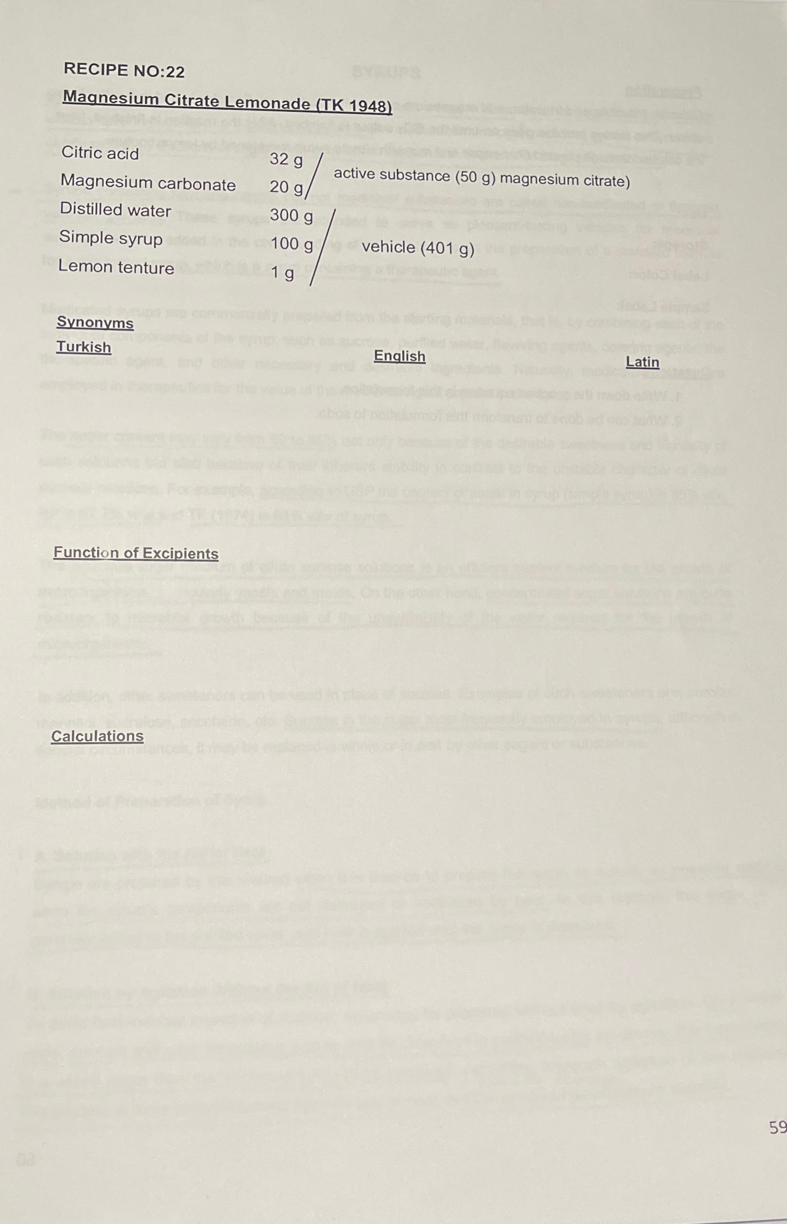 RECIPE NO:22Magnesium Citrate Lemonade (TK | Chegg.com