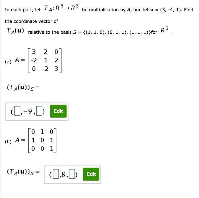 Solved In each part, let TA:R3-R3 be multiplication by A, | Chegg.com