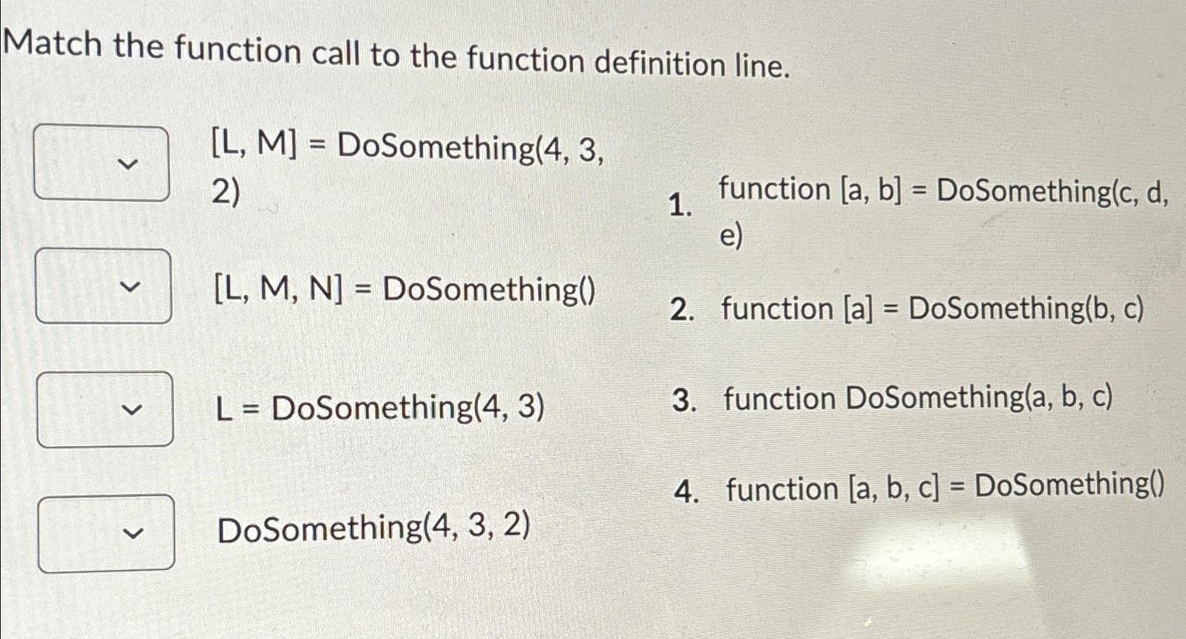 Solved Match the function call to the function definition | Chegg.com