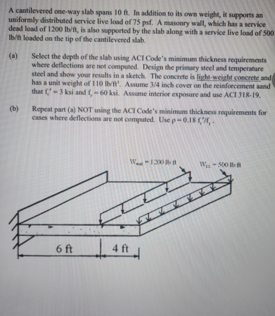 Solved A cantilevered one-way slab spans 10 ﻿ft . ﻿In | Chegg.com