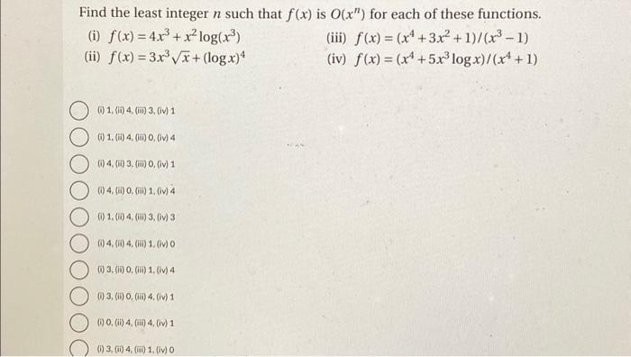 Solved Find the least integer n such that f(x) is O(x") for | Chegg.com