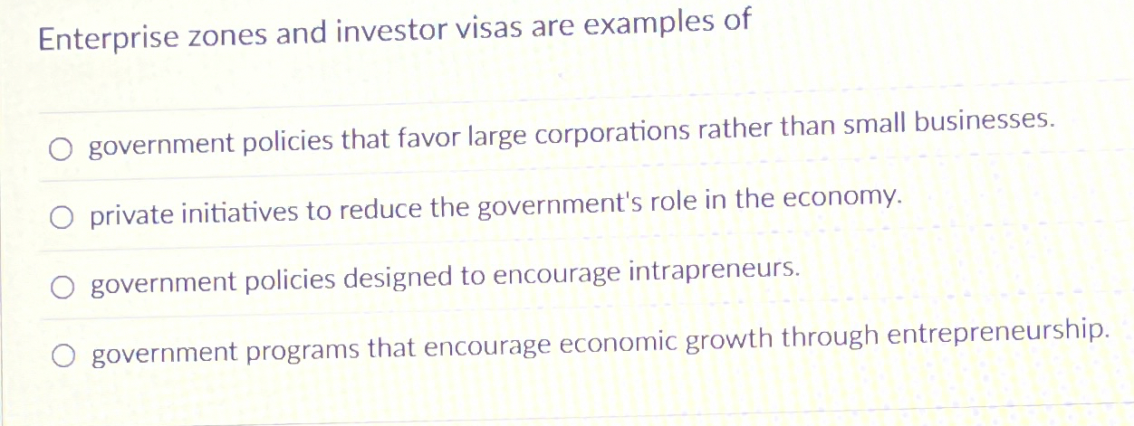 Solved Enterprise zones and investor visas are examples | Chegg.com