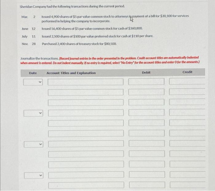 Solved Sheridan Company had the following transactions | Chegg.com