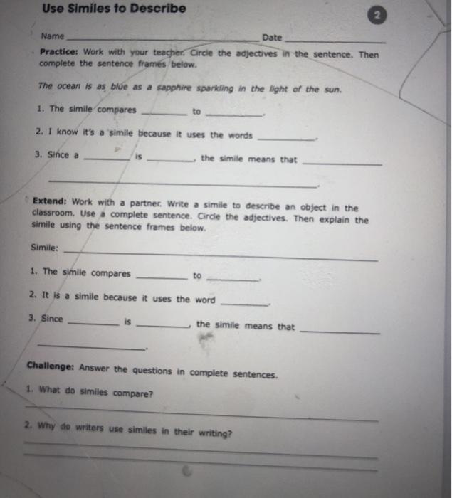 Use Similes to Describe Name Date Practice: Work with | Chegg.com