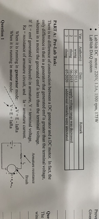 Solved Lab Volt DC motor: 220V, 1.3A, 1500 rpm, 175W LabVolt | Chegg.com