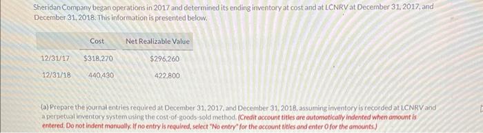 Solved Sheridan Company began operations in 2017 and | Chegg.com