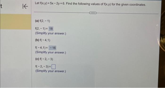 Solved Let f(x,y)=5x−2y+6. Find the following values of | Chegg.com