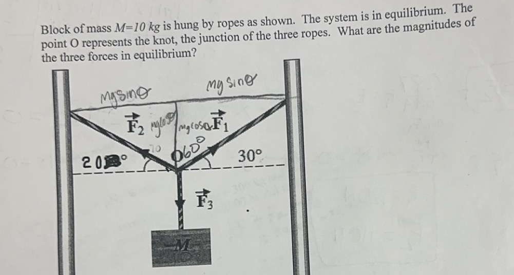 Solved Block of mass M=10kg ﻿is hung by ropes as shown. The | Chegg.com