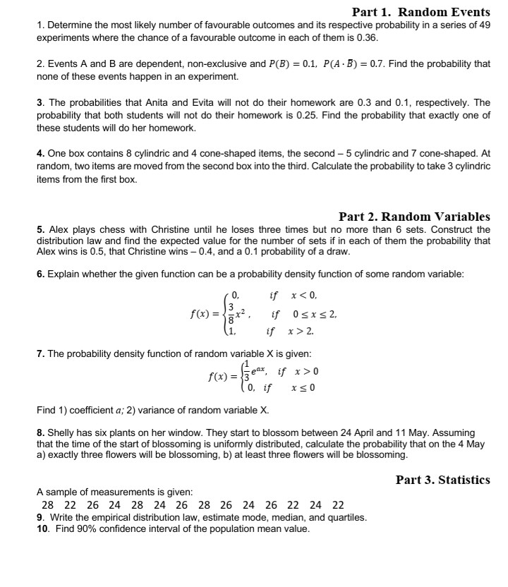 Solved Part 1. Random Events 1. Determine the most likely | Chegg.com