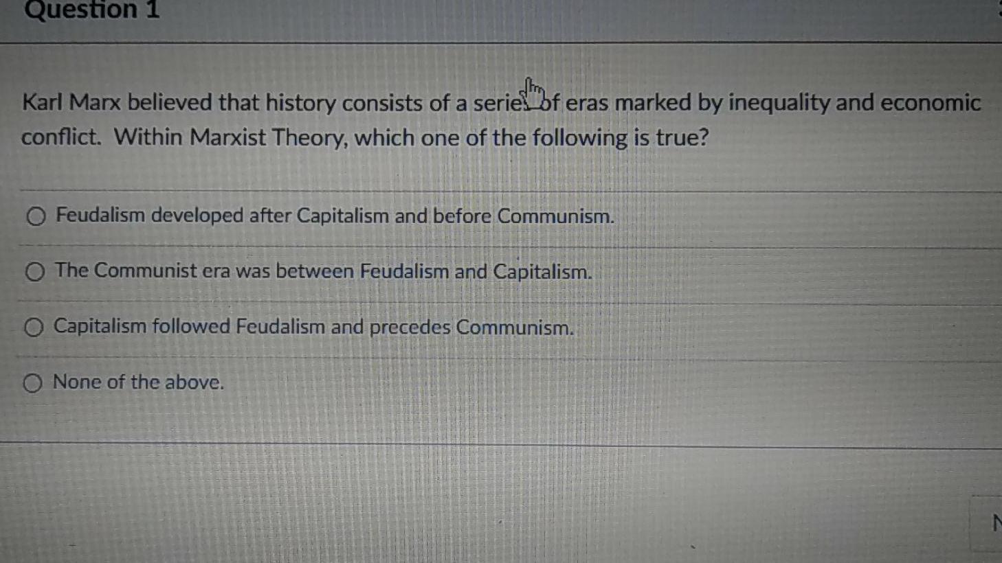 Solved Question 1 Karl Marx believed that history consists | Chegg.com