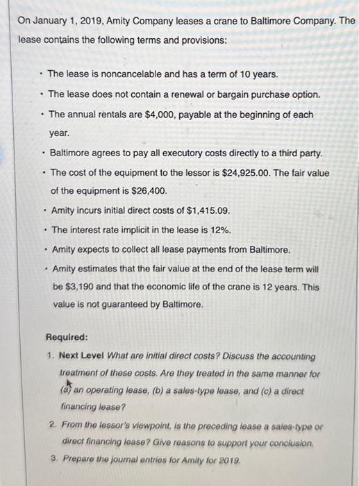 Solved January 1, 2019, Amity Company leases a crane to | Chegg.com