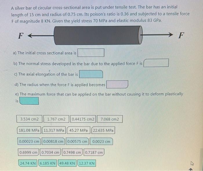Solved A silver bar of circular cross-sectional area is put | Chegg.com